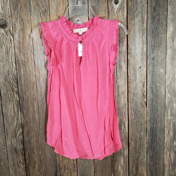 LOFT | Tops | New Loft Xs Pink Smocked Split Keyhole Neck Ruffle Shell Top Blouse | Poshmark